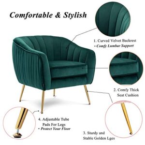 Artechworks Velvet Modern Tub Barrel Arm Chair Upholstered Tufted with Gold Metal Legs Accent Club Chair with Ottoman Footrest for Living Reading Room Bedroom, Green