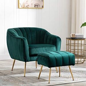 Artechworks Velvet Modern Tub Barrel Arm Chair Upholstered Tufted with Gold Metal Legs Accent Club Chair with Ottoman Footrest for Living Reading Room Bedroom, Green