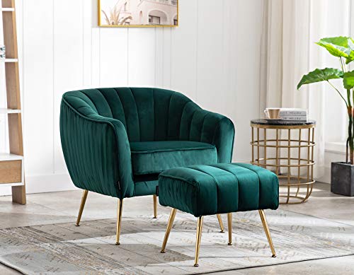 Artechworks Velvet Modern Tub Barrel Arm Chair Upholstered Tufted with Gold Metal Legs Accent Club Chair with Ottoman Footrest for Living Reading Room Bedroom, Green