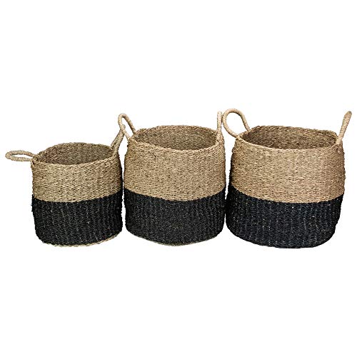 Set of 3 Beige and Black Round Wicker Table and Floor Baskets