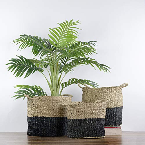 Set of 3 Beige and Black Round Wicker Table and Floor Baskets