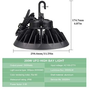 CPROSP LED High Bay Light 200W 1~10V Dimmable 5000K 26000lm with US Plug, ETL Approved, IP65 Waterproof, for Commercial Warehouse/Workshop/Wet Location Area Light, 5-Years-Guarantee