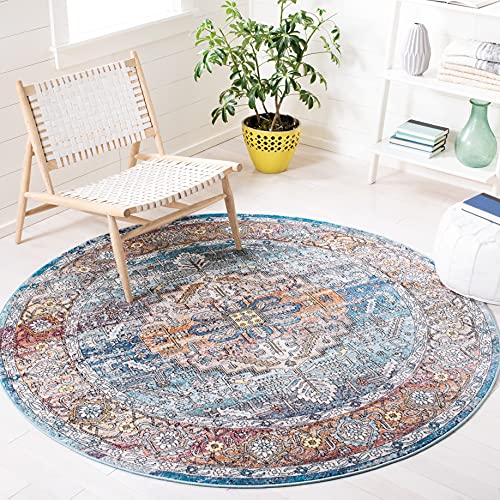 SAFAVIEH Aria Collection 6'5" Round Turquoise / Light Orange ARA191K Boho Chic Medallion Distressed Non-Shedding Dining Room Entryway Foyer Living Room Bedroom Area Rug