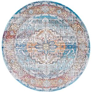 SAFAVIEH Aria Collection 6'5" Round Turquoise / Light Orange ARA191K Boho Chic Medallion Distressed Non-Shedding Dining Room Entryway Foyer Living Room Bedroom Area Rug