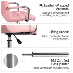 Yaheetech Desk Chairs with Wheels/Armrests Modern PU Leather Office Chair Height Adjustable Home Computer Executive Chair on Wheels 360° Swivel - Pink