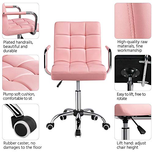 Yaheetech Desk Chairs with Wheels/Armrests Modern PU Leather Office Chair Height Adjustable Home Computer Executive Chair on Wheels 360° Swivel - Pink