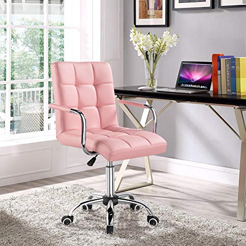 Yaheetech Desk Chairs with Wheels/Armrests Modern PU Leather Office Chair Height Adjustable Home Computer Executive Chair on Wheels 360° Swivel - Pink