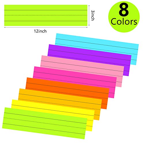 200 Sheets Sentence Strips Ruled Rainbow Sentence Strips Self Adhesive Lined Sentence Learning Strips Fluorescent Paper for School Office Supplies 8 Colors, 8 Pieces, 3 x 12 Inch