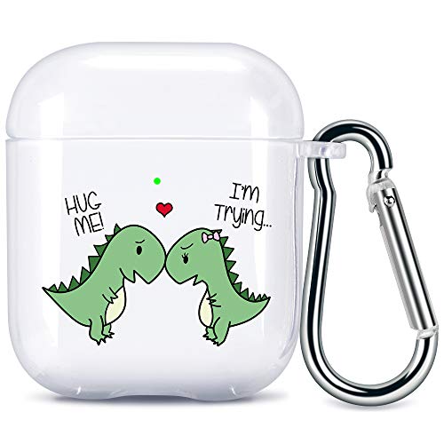 JOYLAND Soft Clear Case Cover for AirPod 1&2 w/Keychain Ring Carabiner Clip,Dinosaur Couple Case Transparent Wireless Earphone Case Smooth Anti-dust Flexible Silicone Protective Cover fr AirPods 1 & 2