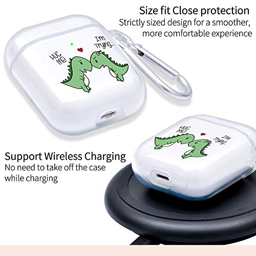 JOYLAND Soft Clear Case Cover for AirPod 1&2 w/Keychain Ring Carabiner Clip,Dinosaur Couple Case Transparent Wireless Earphone Case Smooth Anti-dust Flexible Silicone Protective Cover fr AirPods 1 & 2