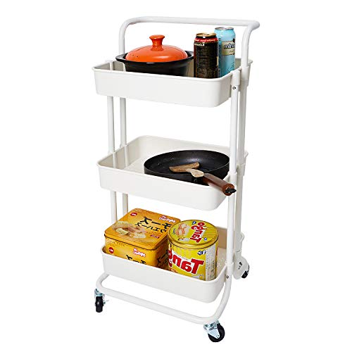 HOUSE DAY 3-Tier Rolling Utility Cart Storage Organization Shelves with Handle and Lockable Wheels Multifunction Storage Trolley Service Cart Easy Assembly for Kitchen, Bathroom, Office (White)