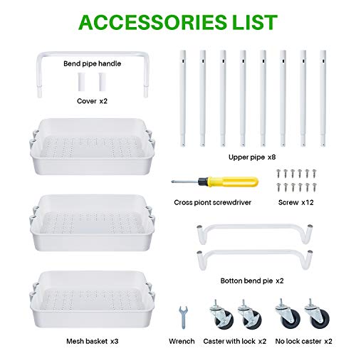 HOUSE DAY 3-Tier Rolling Utility Cart Storage Organization Shelves with Handle and Lockable Wheels Multifunction Storage Trolley Service Cart Easy Assembly for Kitchen, Bathroom, Office (White)