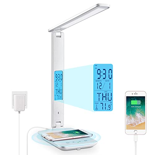 LAOPAO LED Desk Lamp with Wireless Charger, USB Charging Port, Adjustable Foldable ​Table Lamp with Clock, Alarm, Date, Temperature, 5-Level Dimmable ​Lighting​, Office Lamp with Adapter, White