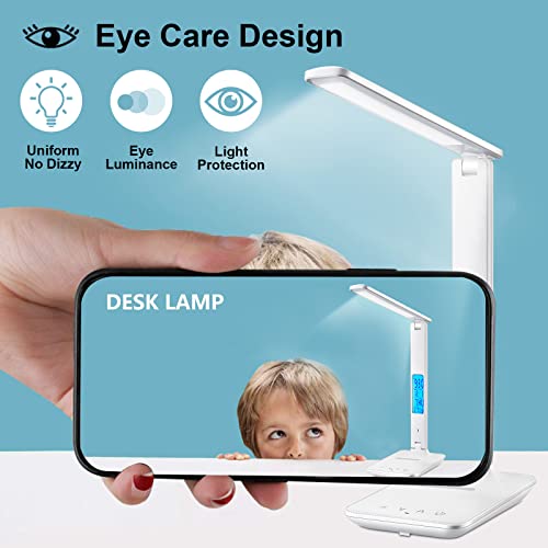 LAOPAO LED Desk Lamp with Wireless Charger, USB Charging Port, Adjustable Foldable ​Table Lamp with Clock, Alarm, Date, Temperature, 5-Level Dimmable ​Lighting​, Office Lamp with Adapter, White