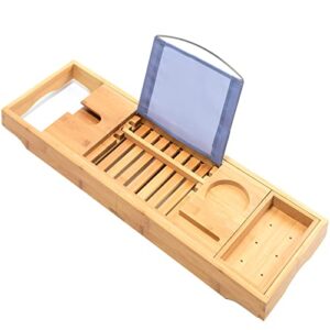 bamboo bathtub trays bath table expandable luxury caddy tray with extending sides, cellphone,book,tray and wineglass holder- gift idea for loved ones