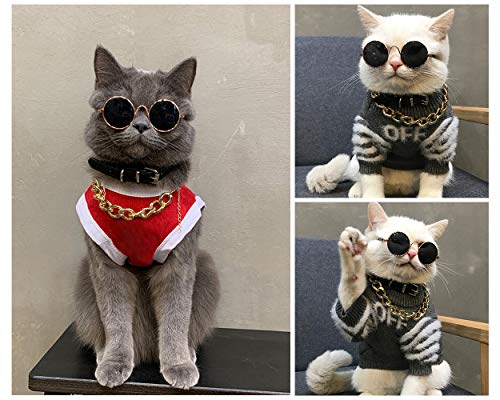 DS. DISTINCTIVE STYLE Retro Round Sunglasses with Golden Plastic Chain for Pet Cats and Small Dogs Cool and Funny Spectacles Pets Photo Props for Taking Pictures