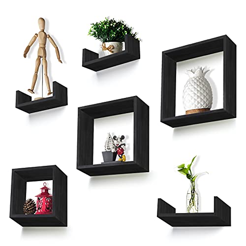 RR ROUND RICH DESIGN Floating Shelves Set of 6 - Rustic Wood Wall Shelves with 3 Small U Shelve and 3 Square Boxes for Free Grouping Black