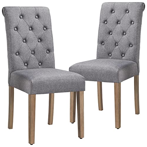 Yaheetech 2PCS Dining Chairs Button Tufted Parsons Diner Chairs Solid Wood Upholstered Fabric High Back Padded Dining Room Chairs Home Kitchen Chairs, Dark Gray