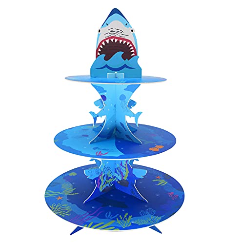 Cardboard Ocean Shark Cake Stands 3 Tire Cupcake Stands Mini Cake Stand Reusable Kid Birthday Baby Shower Party Supplies Dessert Stand…