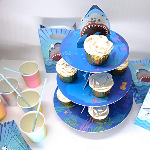 Cardboard Ocean Shark Cake Stands 3 Tire Cupcake Stands Mini Cake Stand Reusable Kid Birthday Baby Shower Party Supplies Dessert Stand…