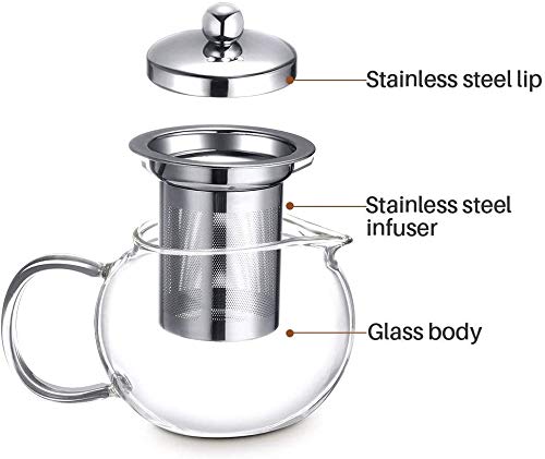 Glass Teapot with Removable Infuser & Blooming and Loose Leaf, Iced Tea Maker & Brewer Teapot with Infuser forLoose Leaf Tea Maker Set (28oz)