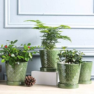 BUYMAX Plant Pots Indoor –5 inch Ceramic Flower Pot with Drainage Hole and Ceramic Tray - Gardening Home Desktop Office Windowsill Decoration Gift, Set of 4-Plants NOT Included (Patina)