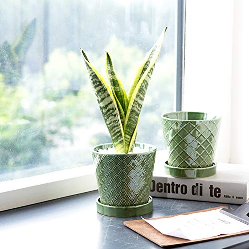 BUYMAX Plant Pots Indoor –5 inch Ceramic Flower Pot with Drainage Hole and Ceramic Tray - Gardening Home Desktop Office Windowsill Decoration Gift, Set of 4-Plants NOT Included (Patina)