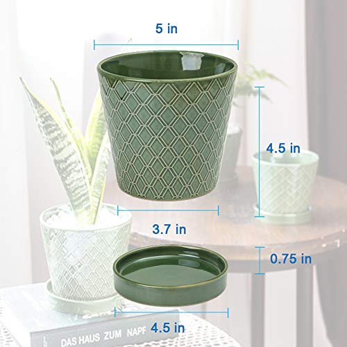 BUYMAX Plant Pots Indoor –5 inch Ceramic Flower Pot with Drainage Hole and Ceramic Tray - Gardening Home Desktop Office Windowsill Decoration Gift, Set of 4-Plants NOT Included (Patina)