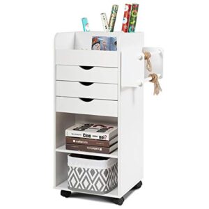 tangkula rolling storage drawer cart, home office mobile drawer cart, wooden utility cart storage cabinet w/ 3 drawers & 3 open storage shelves, paper organizer w/lockable casters