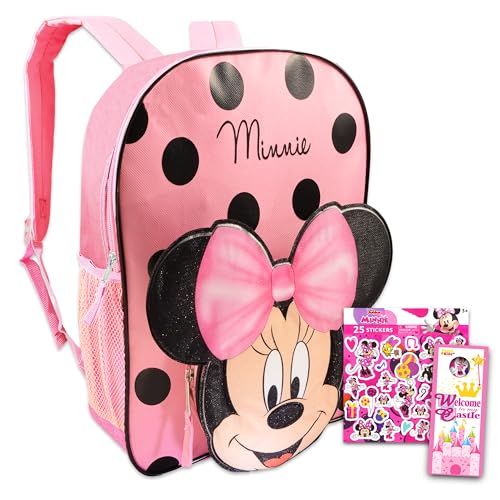 Disney Minnie Mouse Backpack for Toddlers Bundle ~ Premium 12" Minnie Mouse Mini School Bag with 3D Ears and Stickers (Minnie Mouse School Supplies)