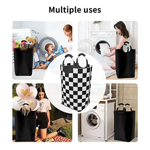 feilicase Collapsible Black White Checkered Checker Storage Bin Hamper Laundry Basket, Foldable Dirty Clothes Bag with Handles Home Bedroom Office Toys Books Organizer