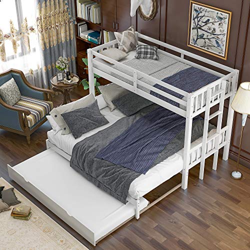 Flieks Twin Over Twin/King Bunk Beds with Trundle, Twin Over Pull-Out bunk Bed Accommodate 4 People for Kids, Adult, No Box Spring Needed