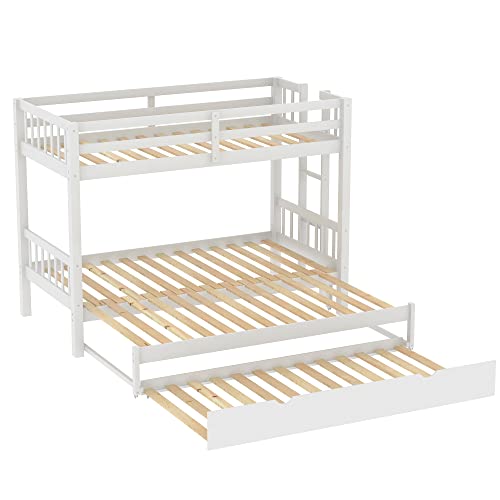 Flieks Twin Over Twin/King Bunk Beds with Trundle, Twin Over Pull-Out bunk Bed Accommodate 4 People for Kids, Adult, No Box Spring Needed