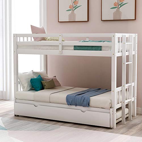 Flieks Twin Over Twin/King Bunk Beds with Trundle, Twin Over Pull-Out bunk Bed Accommodate 4 People for Kids, Adult, No Box Spring Needed