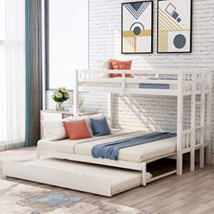 Flieks Twin Over Twin/King Bunk Beds with Trundle, Twin Over Pull-Out bunk Bed Accommodate 4 People for Kids, Adult, No Box Spring Needed