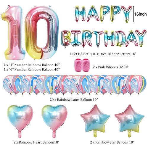 KUNGYO Rainbow 10th Birthday Party Decoration - Girls Birthday Party Supplies Include Happy Birthday Balloon Banner, Giant Number 10 Foil Balloon, Rainbow Star and Heart Balloon, Latex Balloons 28PCS