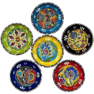 heracraft 6pcs hand painted turkish ceramic snack bowls 3.35''/8.5cm-74ml/2.5 oz decorative ottoman tulips design multi-purpose cute set - pinch sauce dipping finger small serving bowls