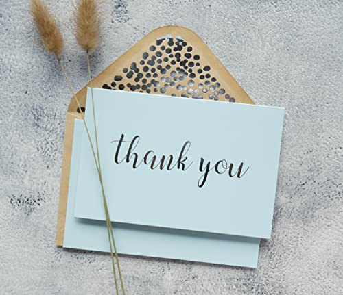 Thank You Cards - Blank 50 Pack Baby Blue Matte Finish Cards with Silver Foiled "Thank You" Printed with 52 Confetti Design Kraft Envelopes 4" x 6" - for Bridal Shower Baby Shower Birthday Party