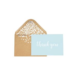 Thank You Cards - Blank 50 Pack Baby Blue Matte Finish Cards with Silver Foiled "Thank You" Printed with 52 Confetti Design Kraft Envelopes 4" x 6" - for Bridal Shower Baby Shower Birthday Party