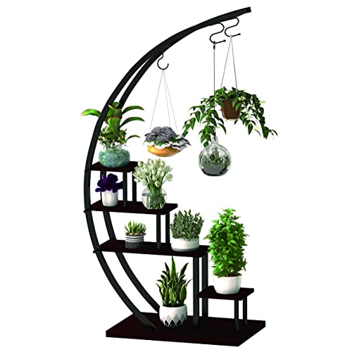 GDLF5 Tier Metal Plant Stand Creative Half Moon Shape Ladder Flower Pot Stand Rack for Home Patio Lawn Garden Balcony Holder Black (1 Pack)