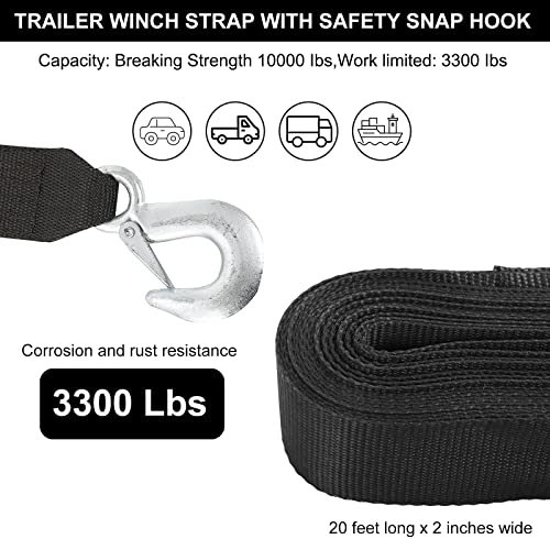 2" x20' Trailer Winch Strap with Safety Snap Hook Breaking Strength 10000 lbs Max Towing Working Load at 3300 lbs for ATV Jetski Trailer Boat Wave Runner Towing Heavy Duty Equipment， Black