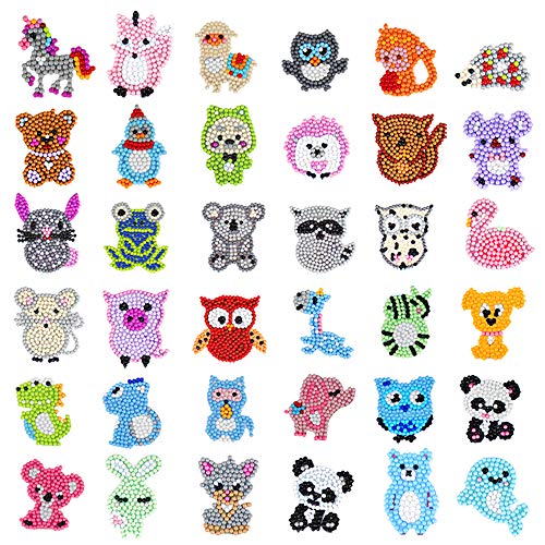 LASZOLA 36Pcs DIY Diamond Painting Stickers Kits for Kids, 5D Animal Sticker Paint with Diamonds by Numbers Kits Crafts Set for Children, Boys and Girls (Version 1)