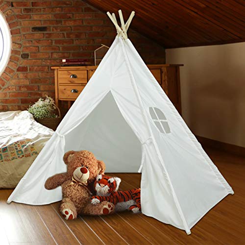 Ogrmar Kids Teepee Play Tent Foldable White Canvas Kids Playhouse Portable Kids Tent for Girls and Boys to Play Indoor and Outdoor