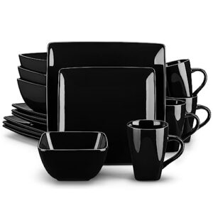 vancasso, series soho, stoneware square dinner set black 16 piece kitchen dinnerware service plate crockery set with 16-piece dinner plates, dessert plate,bowls and mugs, service for 4