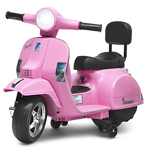 Costzon Kids Vespa Scooter, 6V Battery Powered Ride on Motorcycle w/Training Wheels, Music & Horn, LED Lights, Forward/Reverse, Rechargeable Electric Vehicle Gift for Toddler Boys Girls (Pink)