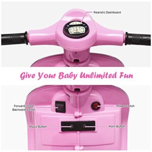 Costzon Kids Vespa Scooter, 6V Battery Powered Ride on Motorcycle w/Training Wheels, Music & Horn, LED Lights, Forward/Reverse, Rechargeable Electric Vehicle Gift for Toddler Boys Girls (Pink)