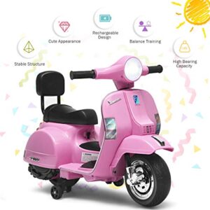 Costzon Kids Vespa Scooter, 6V Battery Powered Ride on Motorcycle w/Training Wheels, Music & Horn, LED Lights, Forward/Reverse, Rechargeable Electric Vehicle Gift for Toddler Boys Girls (Pink)