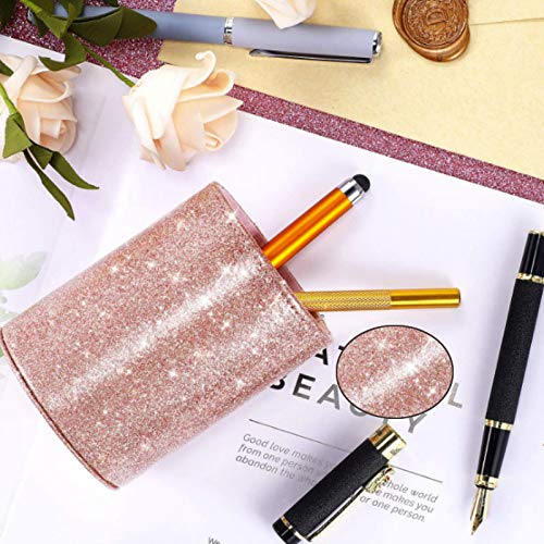 Glitter Pen Holder, Pencil Cup Desk for Women Girls Makeup Brush Organizer Holder Large Pu Leather Cup Office Supplies Desk Decor Accessories, Gift, Classroom, Home(Rose Gold)