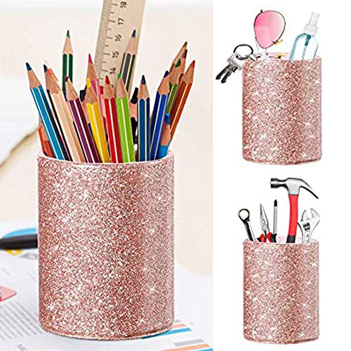 Glitter Pen Holder, Pencil Cup Desk for Women Girls Makeup Brush Organizer Holder Large Pu Leather Cup Office Supplies Desk Decor Accessories, Gift, Classroom, Home(Rose Gold)