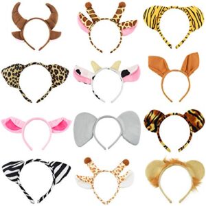 12 pcs zoo animals ears headband jungle safari animals hairbands plush cartoon headbands elephant lion giraffe tiger zebra leopard cow pig ears cosplay hair hoop for birthday halloween costume party